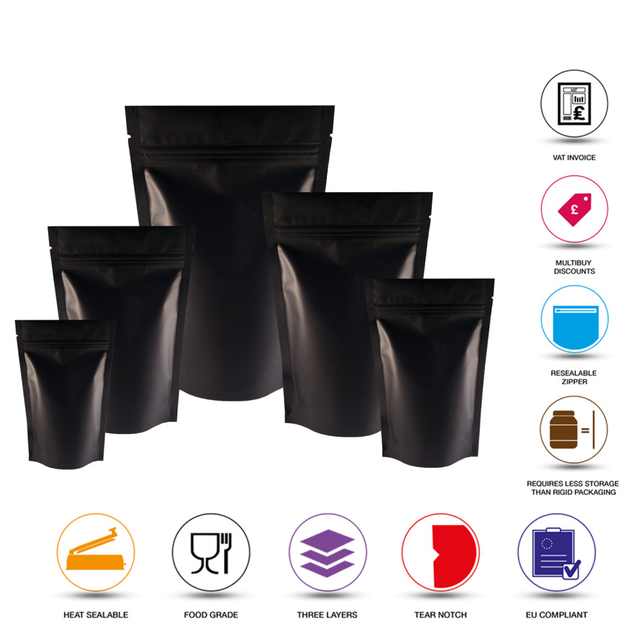 40g Black Matt Stand Up Pouch/Bag with Zip Lock | Rightpak
