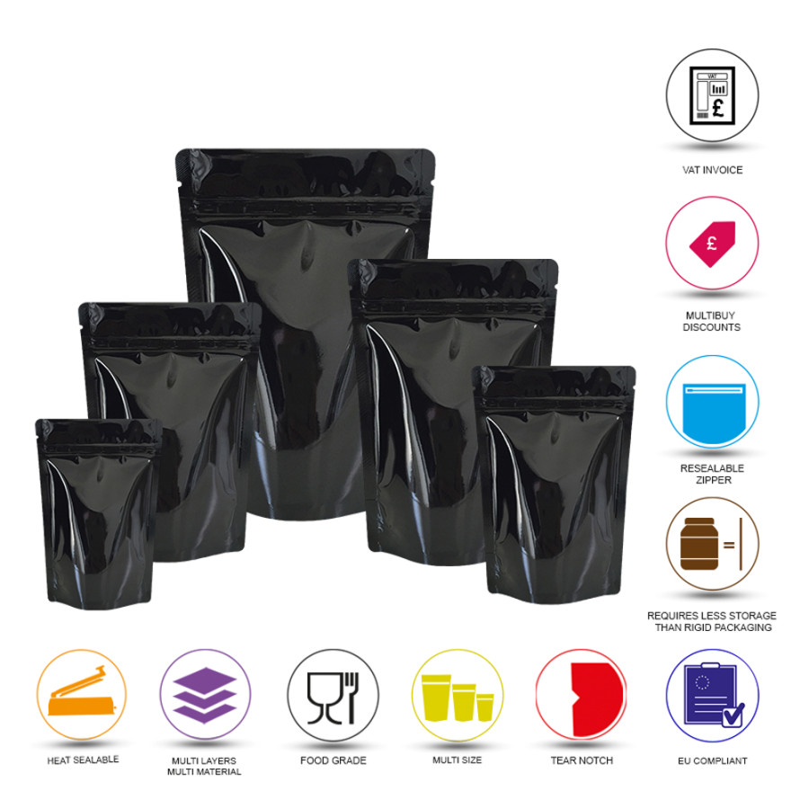 Buy online 250g Black Shiny Stand Up Pouch/Bag with Zip Lock [SP4]